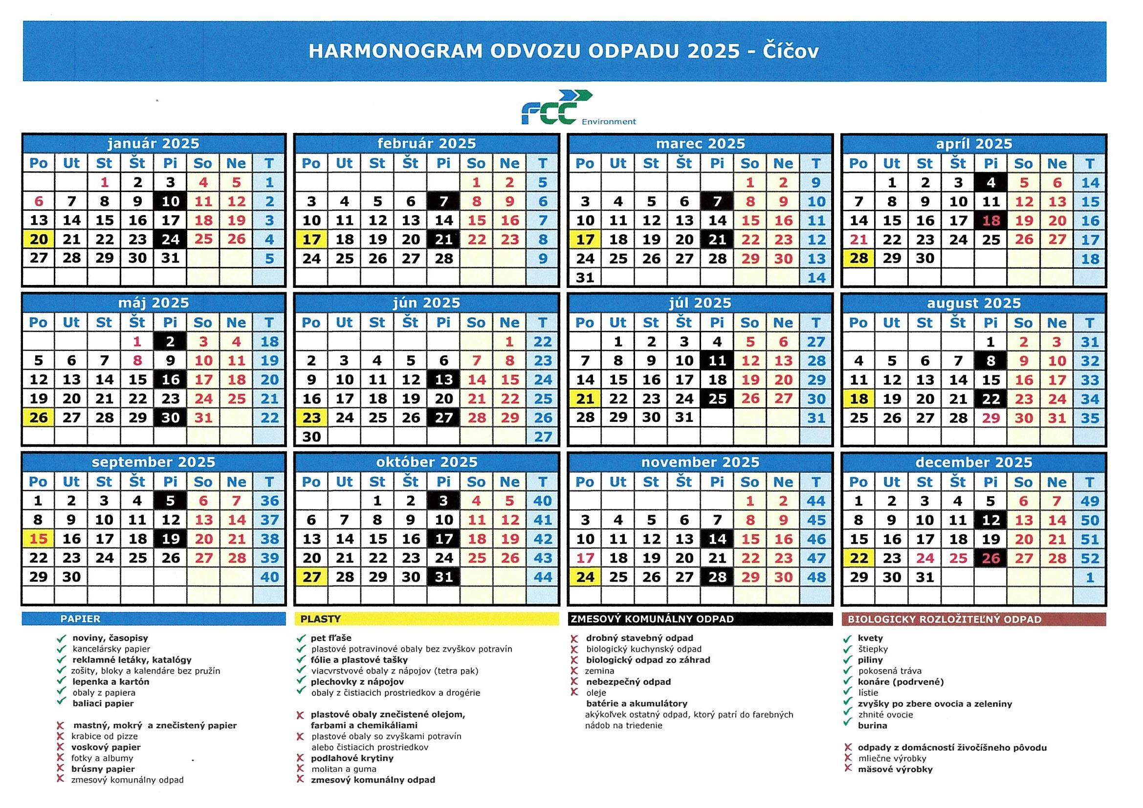 Harmonogram odvozu odpadu 2025 | Číčov